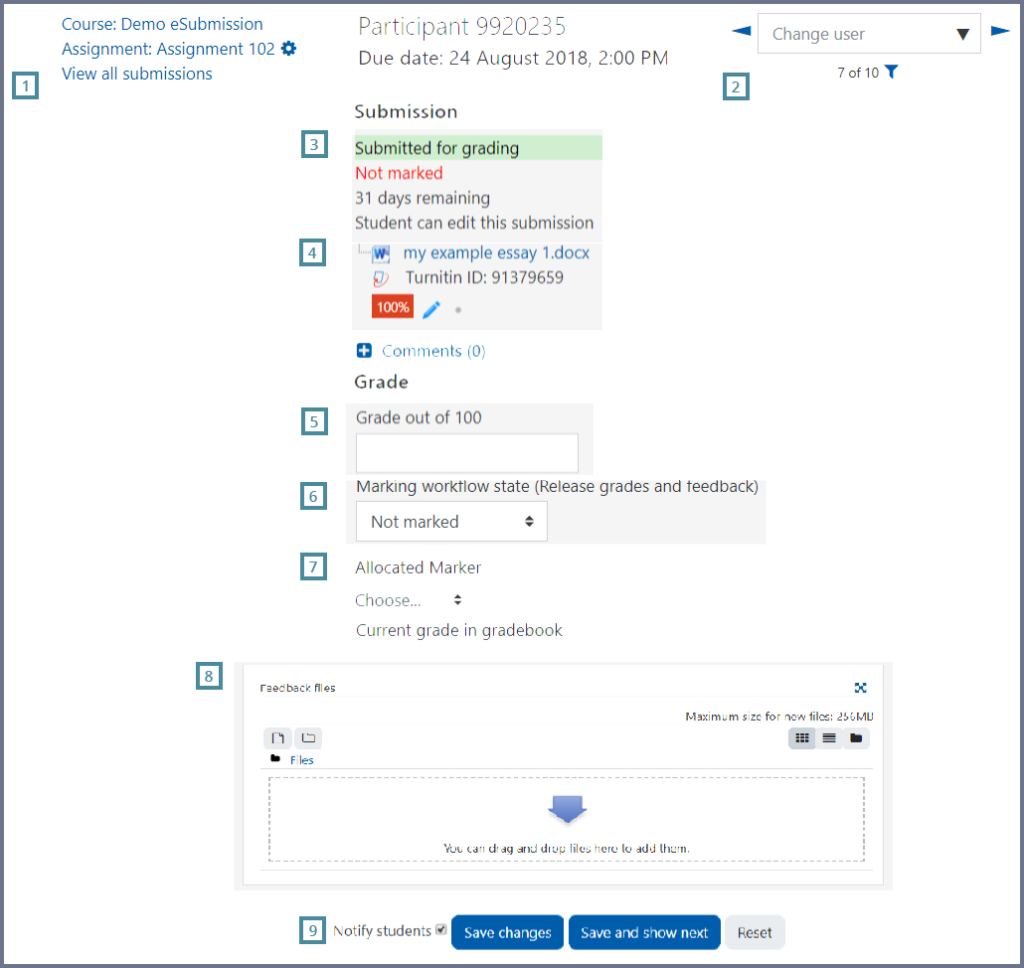 Marking online using the blue grade button, grading one submission at a ...